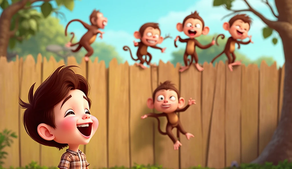 3D illustration cartoon of young boy Jack laughing at playful monkeys ...