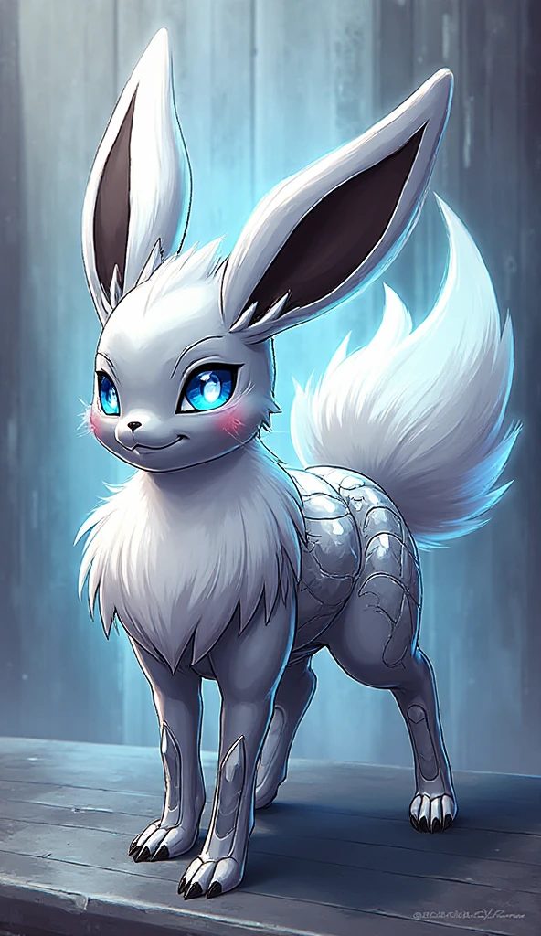 Steel-type Eevee evolution, elegant metallic creature, silver fur ...
