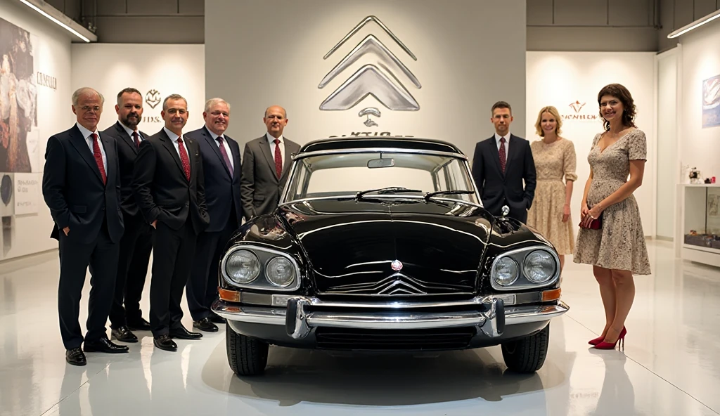 Create a detailed image of a showroom featuring a neat Black 1970 ...
