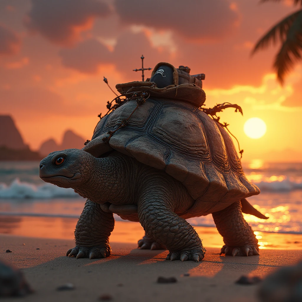 "A wise turtle in 4K illustration, wearing a rugged pirate hat and eye ...