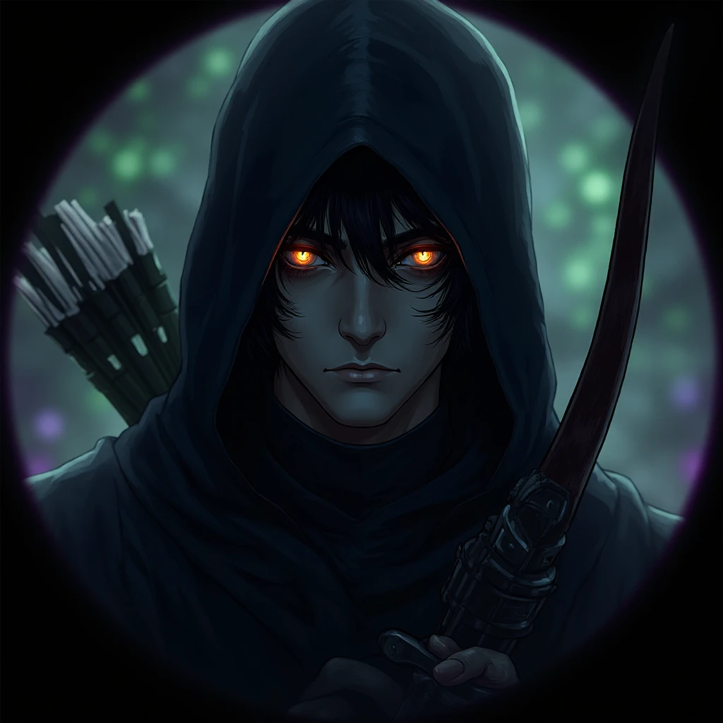 Dark fantasy anime-style male assassin archer portrait. Hooded figure ...