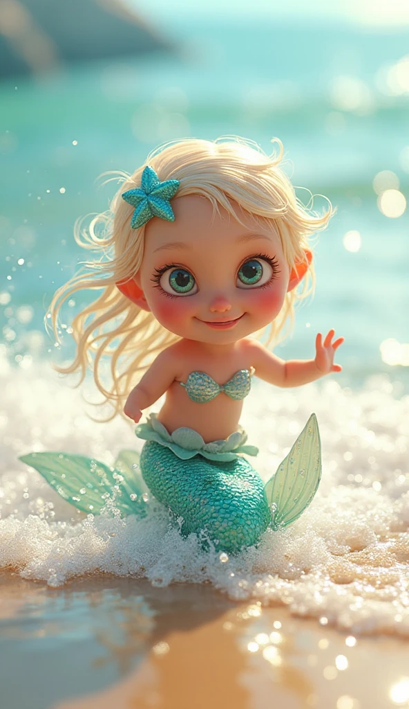 "cute baby mermaid playing near sea shore, splashing water, mischievous ...