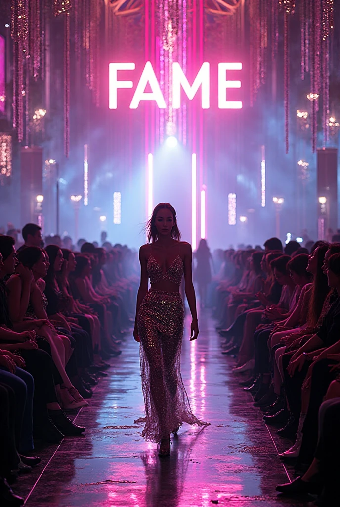 A large-scale fashion show in a neon nightclub with a large number of ...