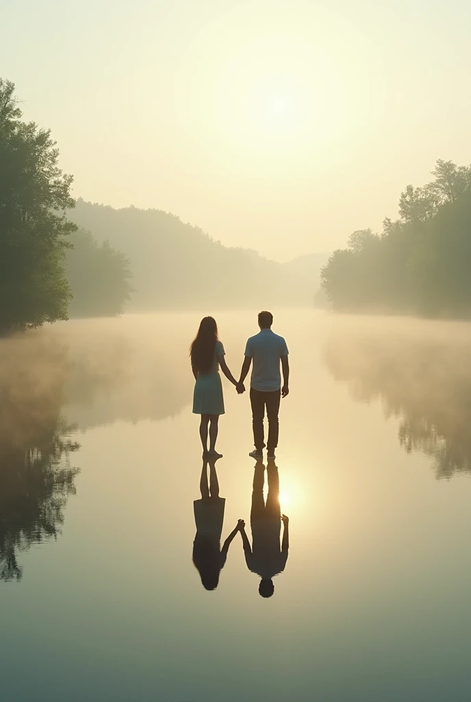 A couple holding hands in a foggy water landscape, a quiet lake - SeaArt AI