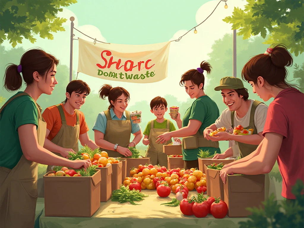 Digital art of a community food donation event. Volunteers are sorting ...