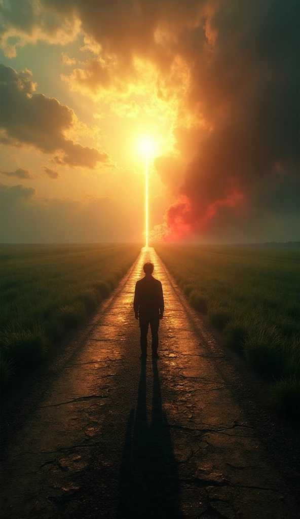 A dramatic cinematic scene showing a person standing still at a ...