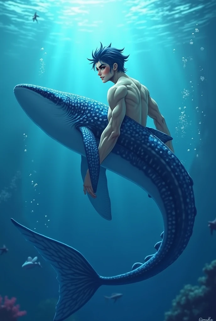 Semi realistic, cartoon male, adult male whale shark merman, aquarium ...