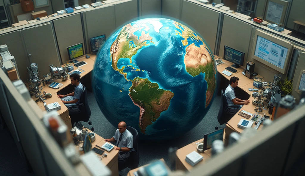 Earth drawn inside an office cubicle. Satellites sit at desks around it ...