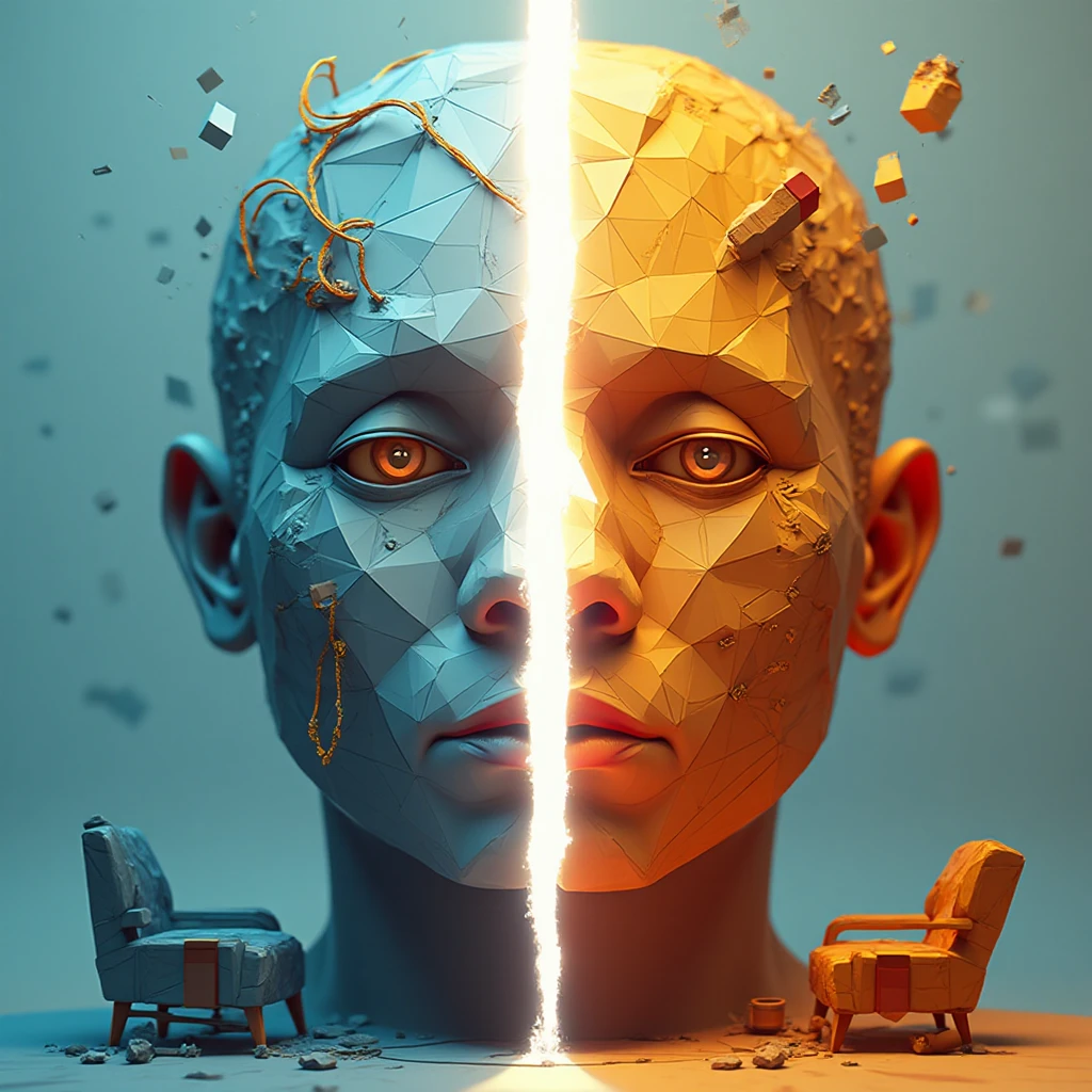 Stylized polygonal art of a human head split vertically into two ...