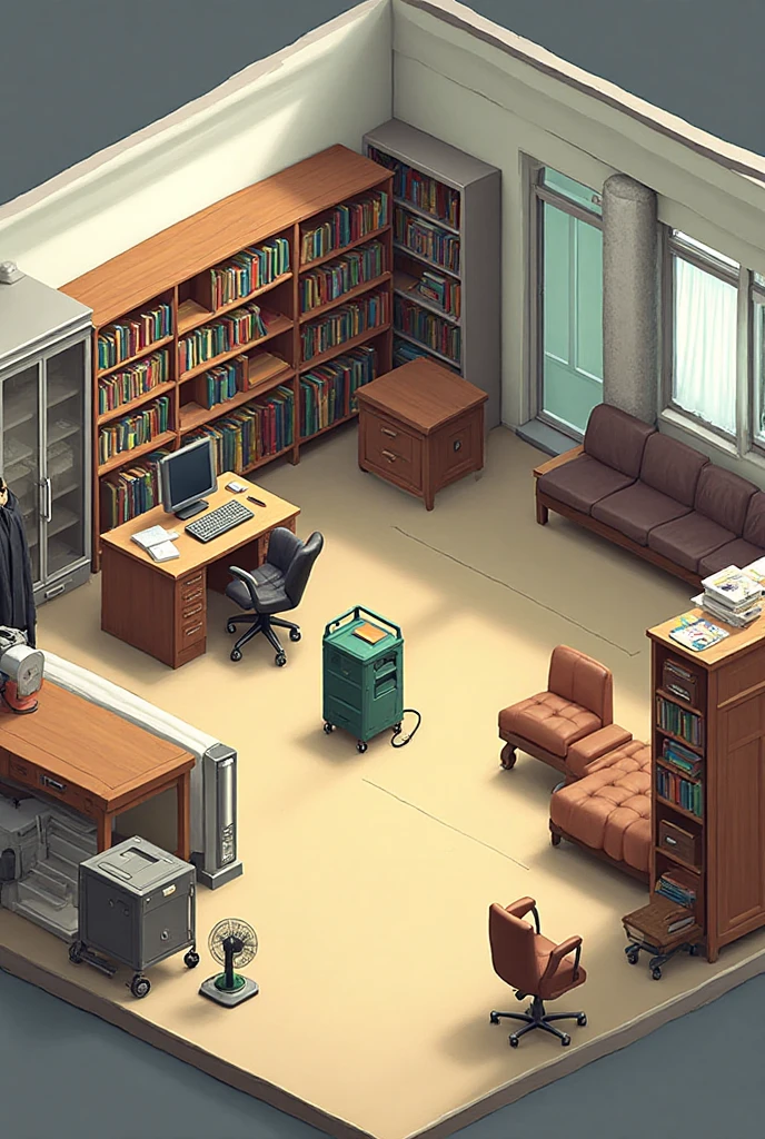A cozy and lived-in office room with a wide horizontal layout and ...