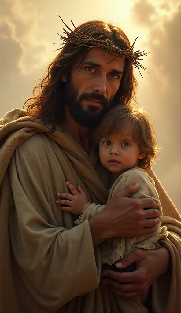 "A realistic cinematic portrait of Jesus holding a small child gently ...