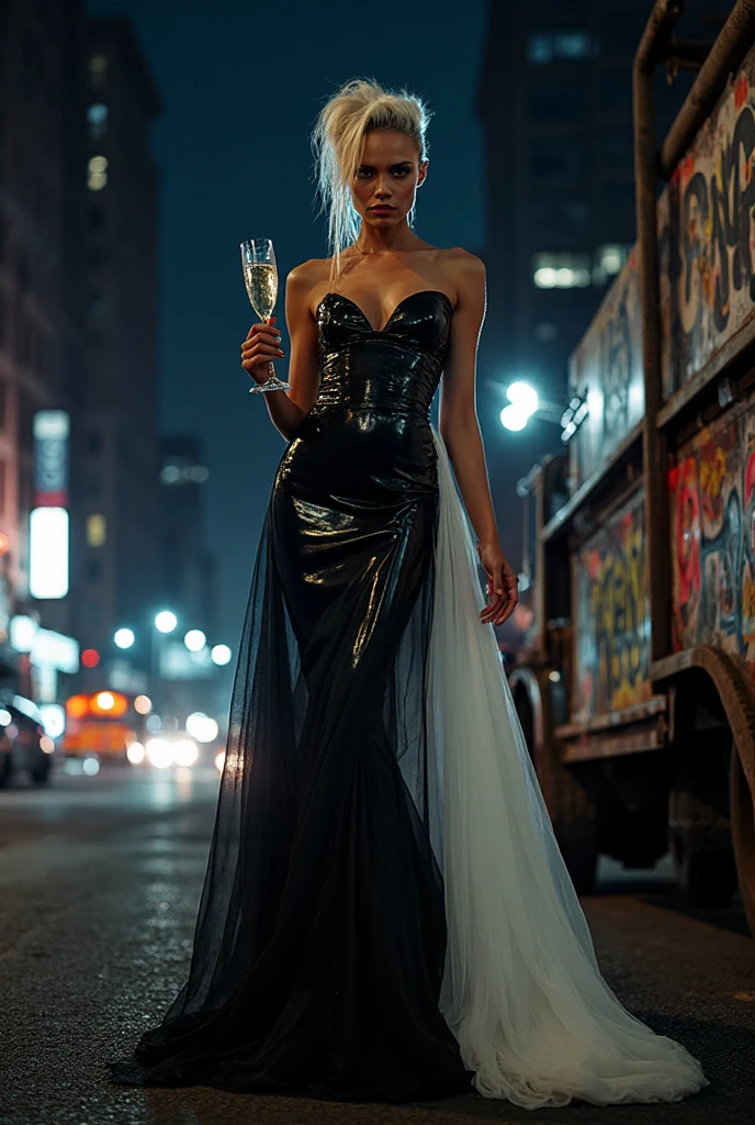 Fashion session in 8K, flashy hairstyle half platinum half black ...