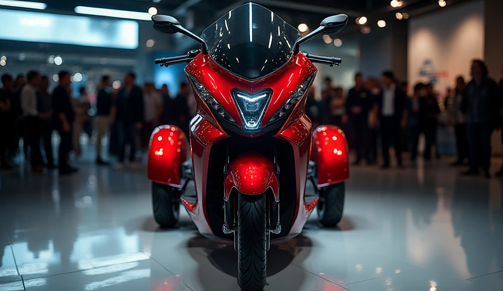 A full front view of a sleek red and black Yamaha Tricity three - SeaArt AI
