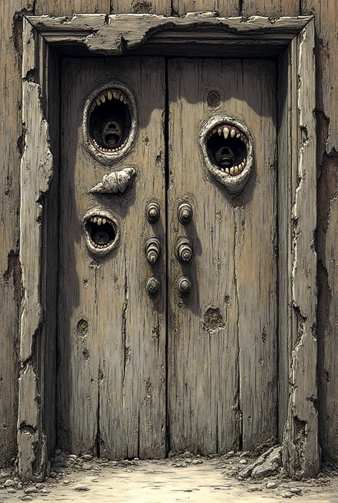 Deformed wooden doors, each embossed with a human face screaming ...