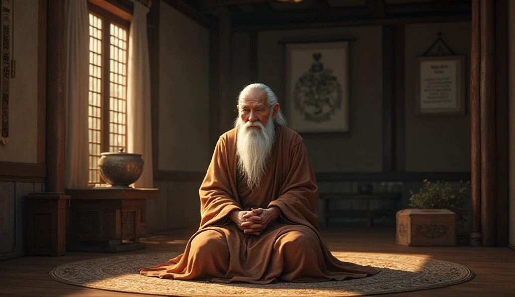 Now the elderly Buddhist monk with a long beard is inside his room ...