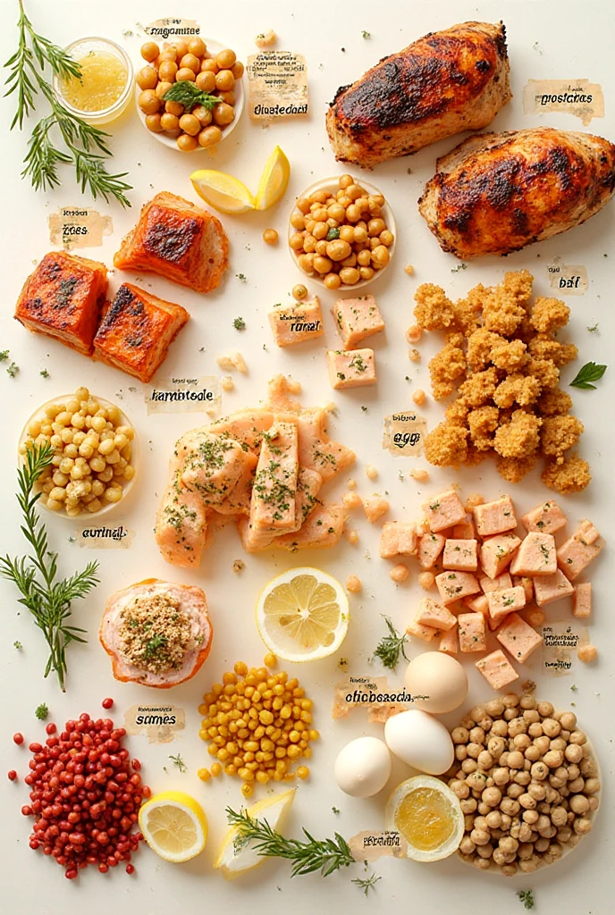 Give me a photo with several protein options and the name of each of ...