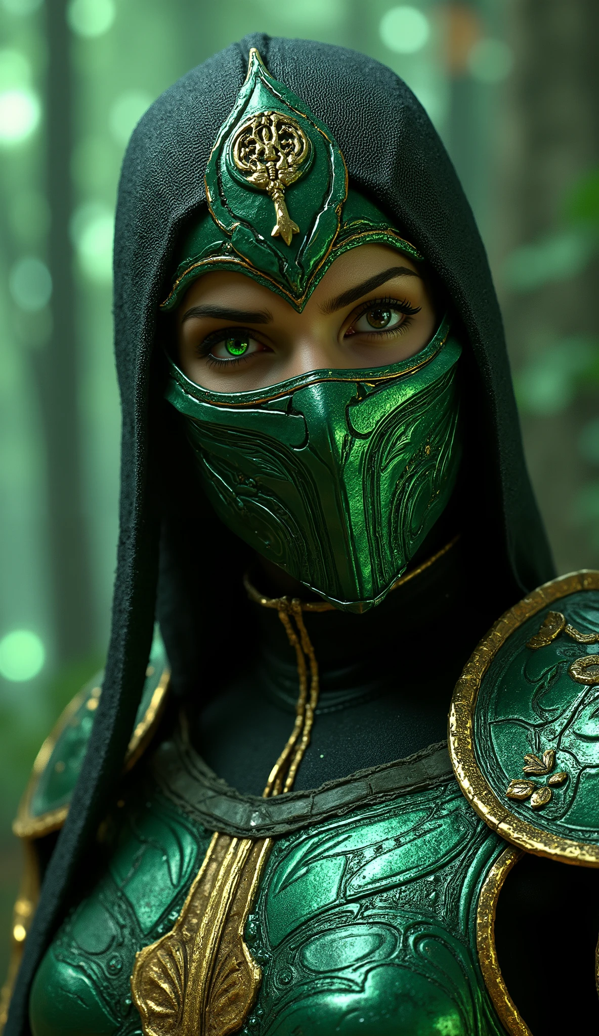 Photorealistic close-up of Jade, de mortal kombat emerald-green armor ...