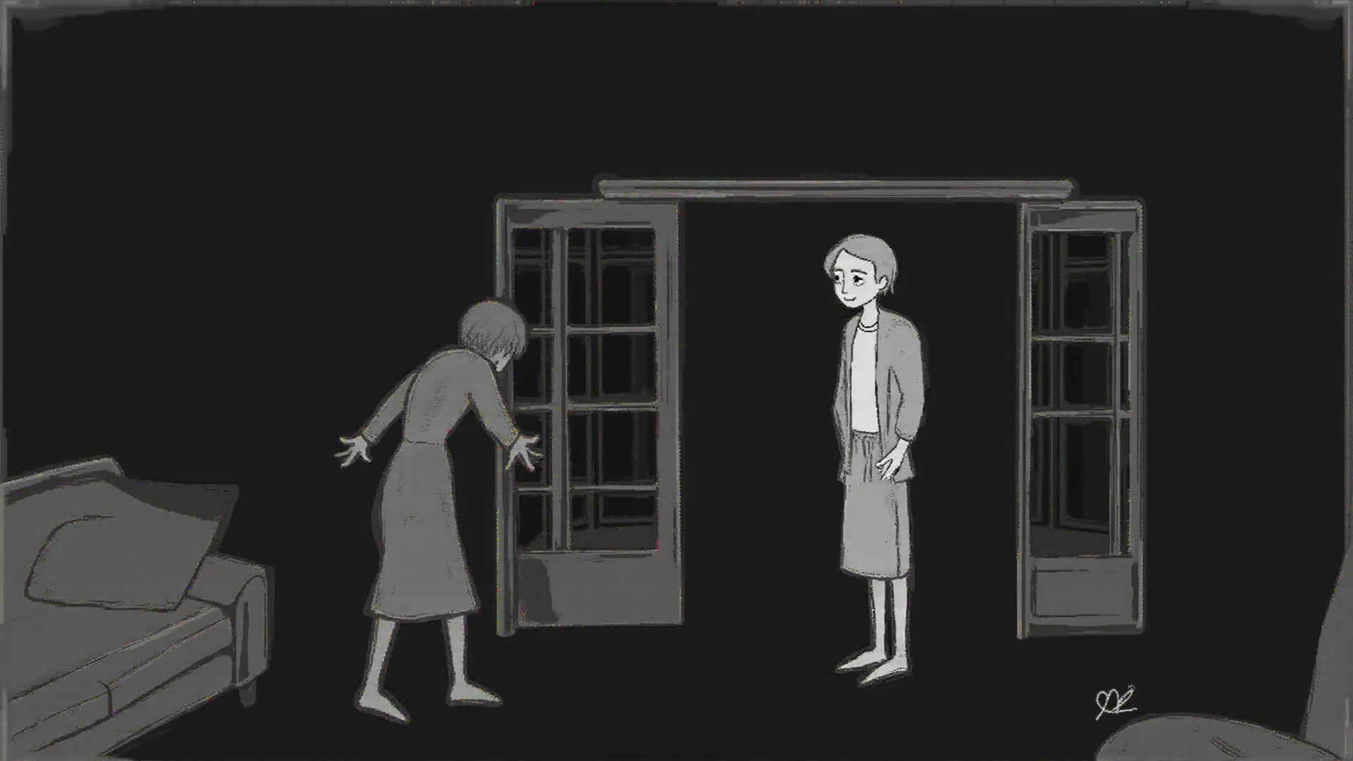 A stick-man noticing distance but staying calm, while woman turns away ...