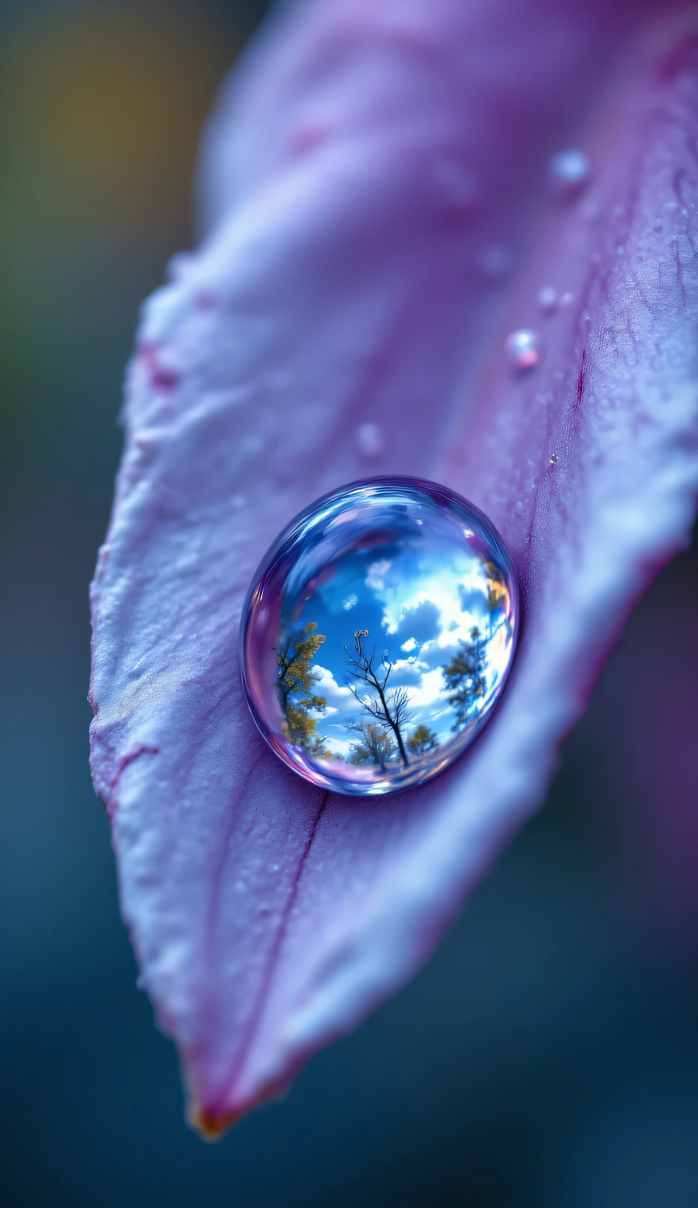 Extreme macro of a petal edge with a single dew droplet that optically ...