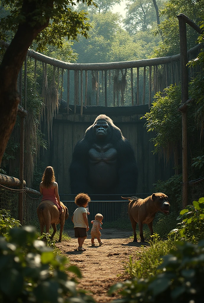 A dramatic zoo scene in daylight. A small child has accidentally fallen ...