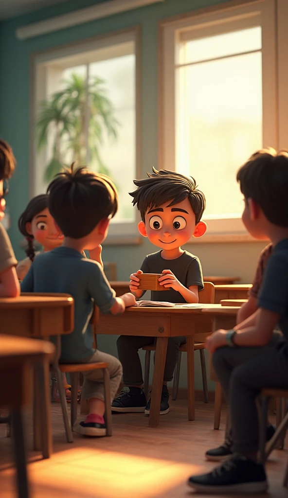 3d cartoon style Scene 1 Classroom interior, bright daylight from ...