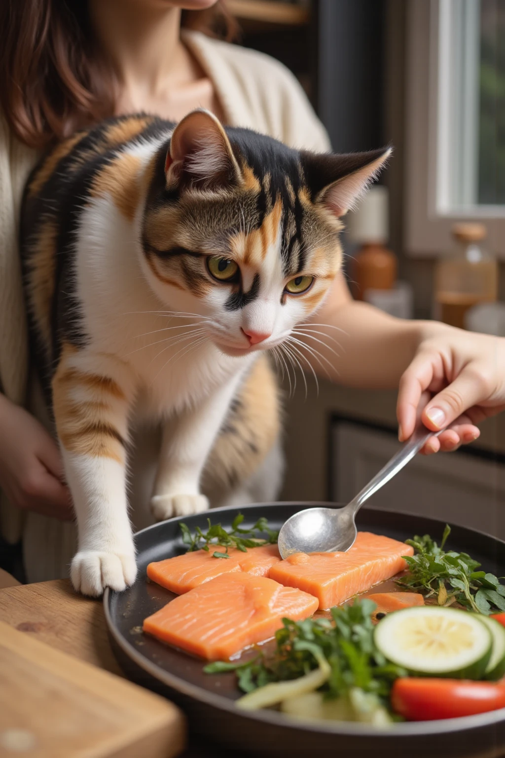 Calico Cat Obstructing Cooking in the Kitchen、the moment you jump on ...