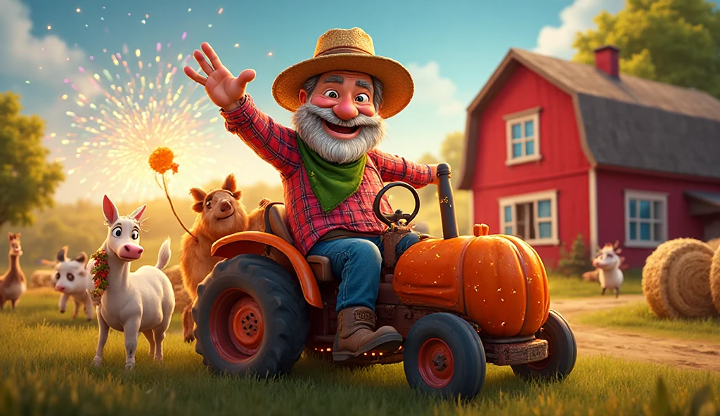 A cheerful farmer in his late 50s with a round, friendly face and rosy ...