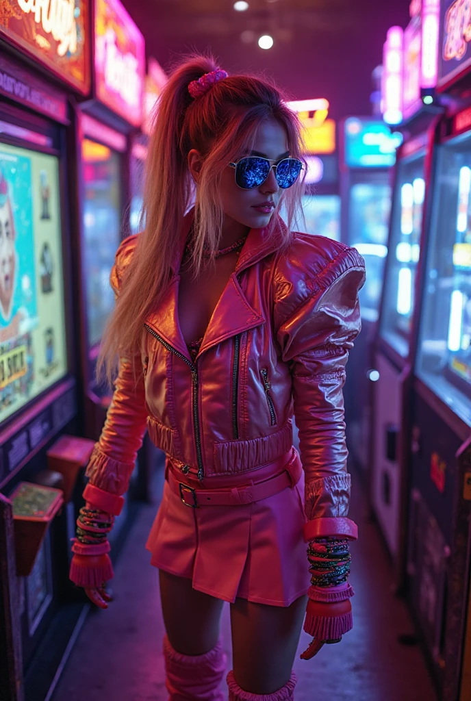 1980s syncywave retro girl, exaggerated shoulder pad jacket in neon ...