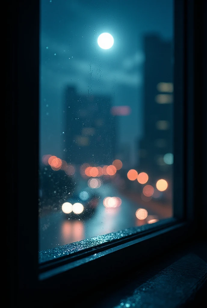A cinematic night view framed just from the side of a window - SeaArt AI