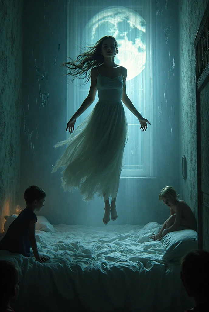 Woman levitating above bed, hair floating as if underwater, children ...