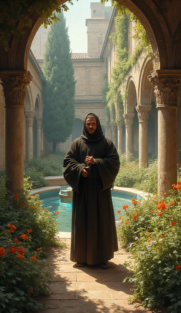 Elegant renaissance fresco, sad monk in cloister garden, high - SeaArt AI