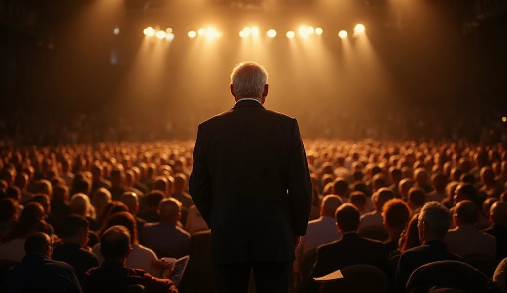 An older, successful Jim Rohn standing on a wide stage under golden ...