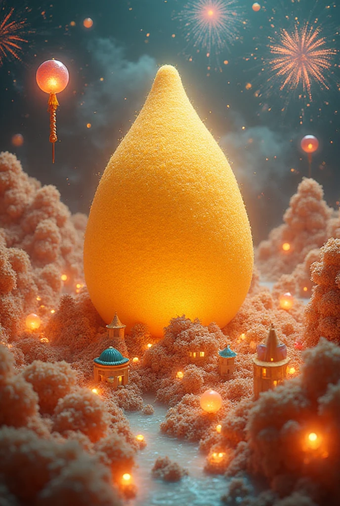 Golden sponge with colorful glowing jelly lanterns. Mini villages ...