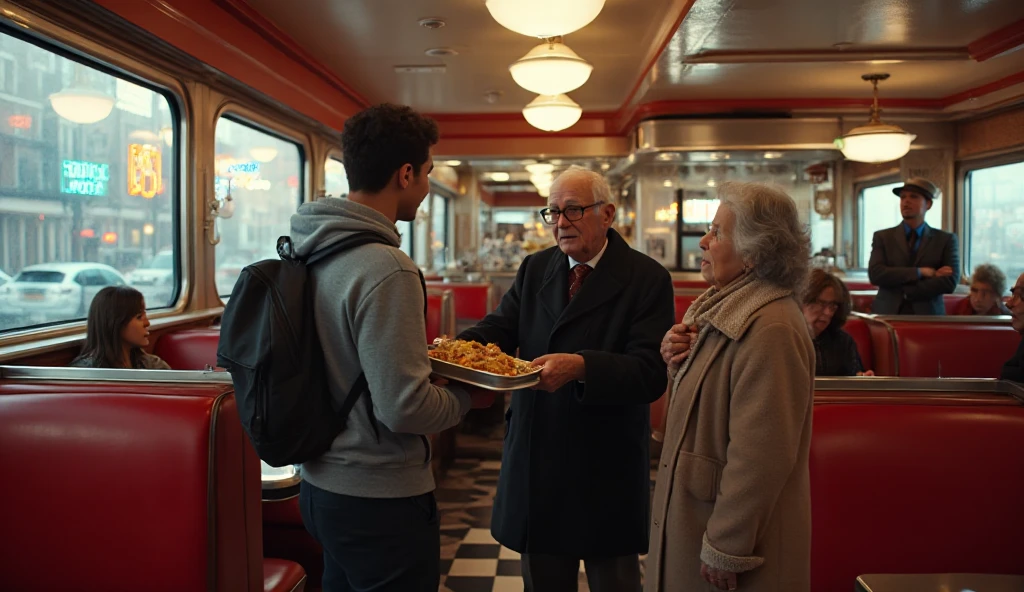 The image shows the inside of a classic American-style diner with red ...