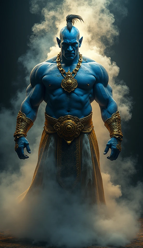 "Powerful genie with blue skin and massive muscular body, emerging from ...