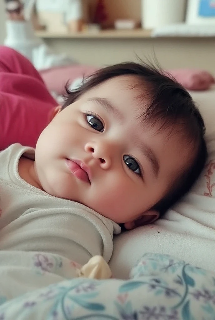 There is a baby lying in a bed., very very low quality image - SeaArt AI