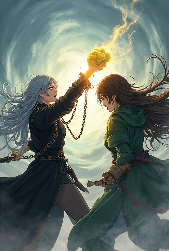 Two figures, illustrated in a Kei Mochizuki–style cinematic anime ...