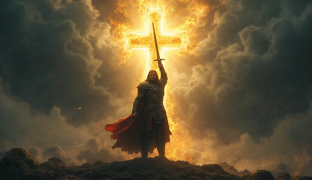 A warrior lifting a broken sword glowing with divine golden fire ...