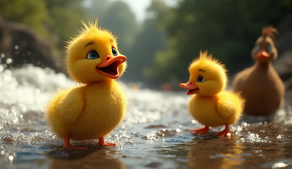 Ultra-realistic 3D, 4K cinematic close-up of one yellow duckling ...