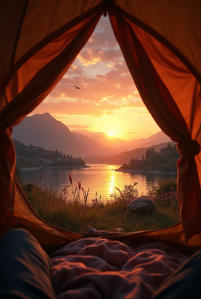 Scene: evening. } The camera is located inside a cozy tent, first ...