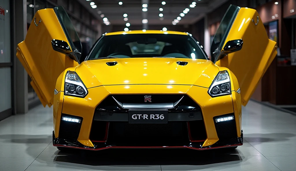 “Ultra-realistic close-up of a 2025 Nissan GT-R R36 NISMO in yellow ...