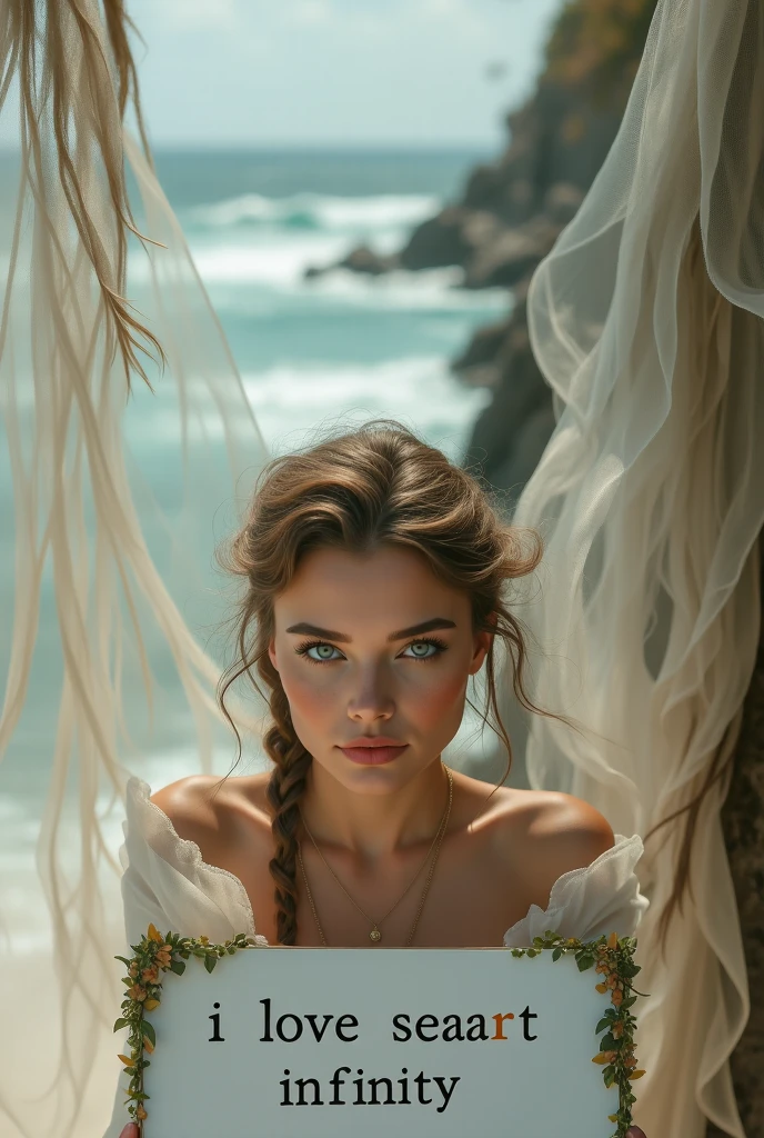 Beautiful girl with long wavy hair, bohemian dress, holding a white board with t - SeaArt AI