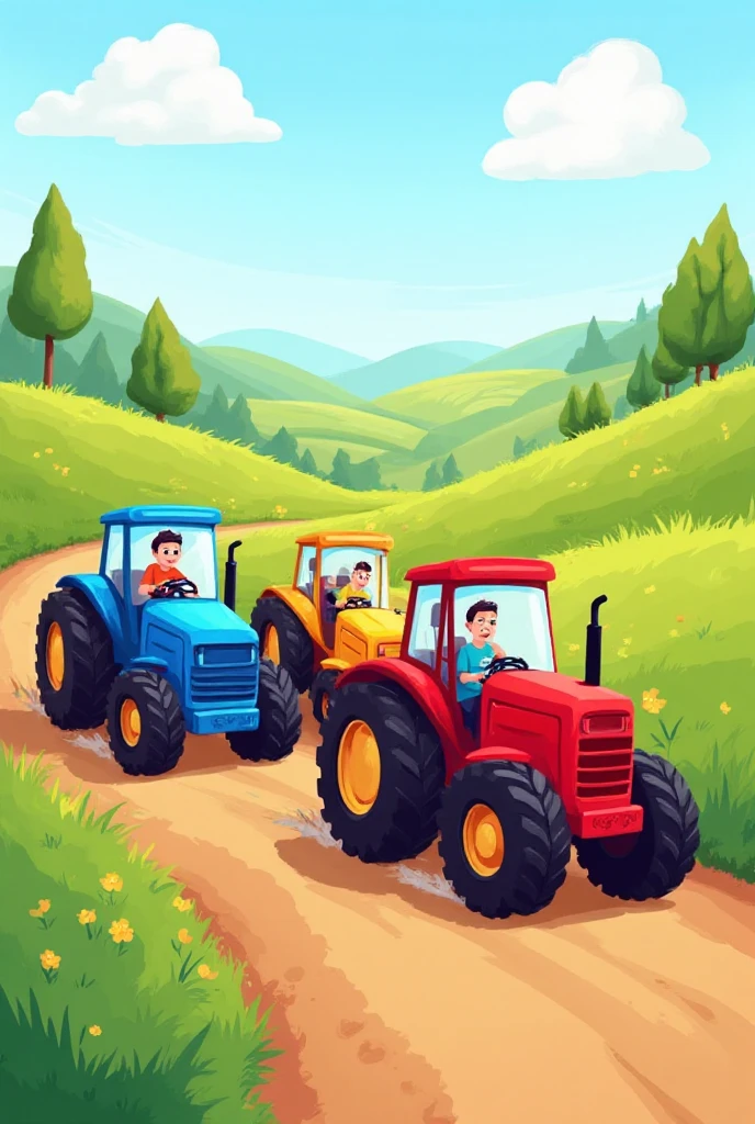 A lively, cartoonish 1D illustration showing three tractors—blue ...