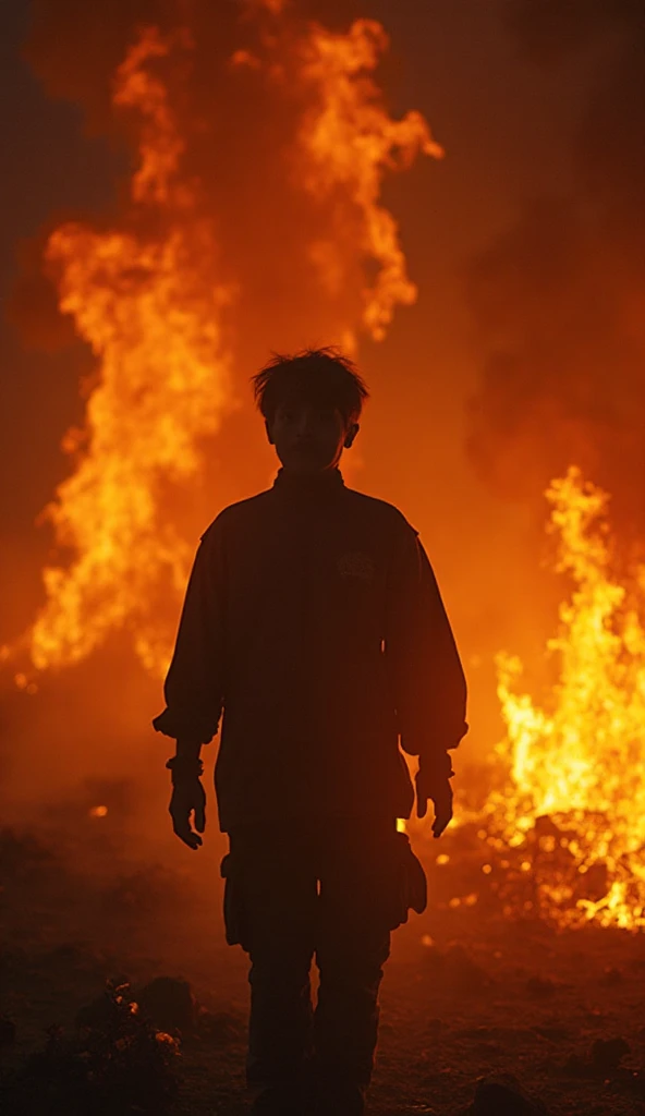 Transform the background into a dramatic fire scene with flames and ...