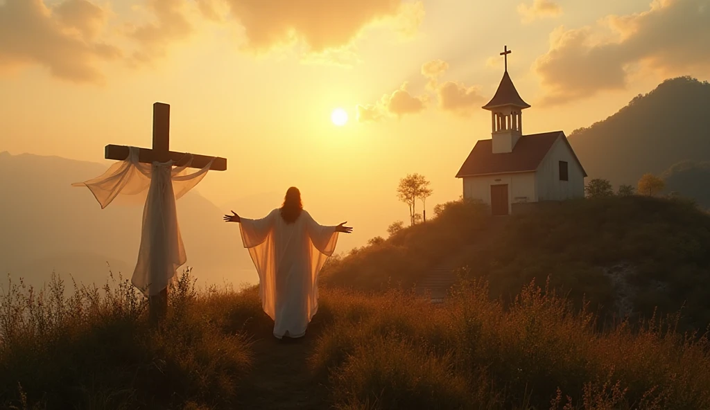 Jesus stands alone in front of a small Korean church on the hill at ...