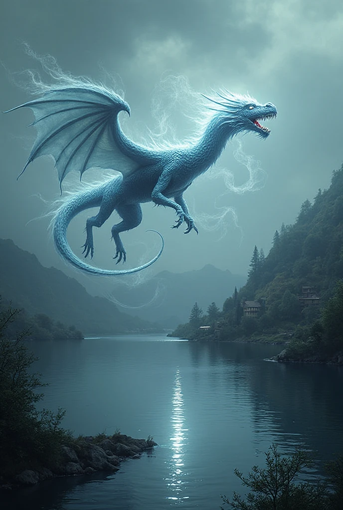 A smoke dragon flies over the lake towards the sleeping village - SeaArt AI