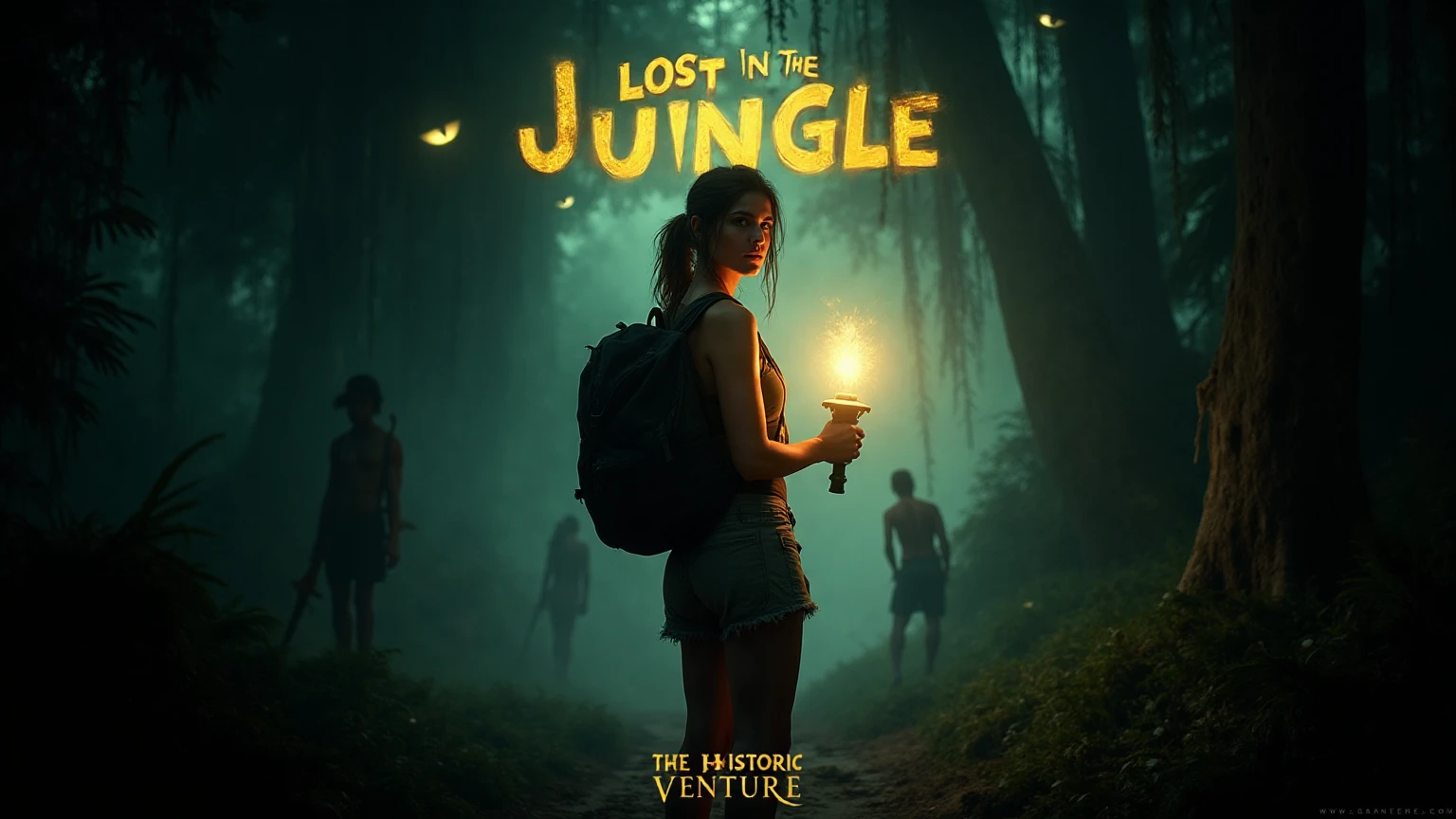 A cinematic and thrilling YouTube thumbnail for a jungle adventure ...