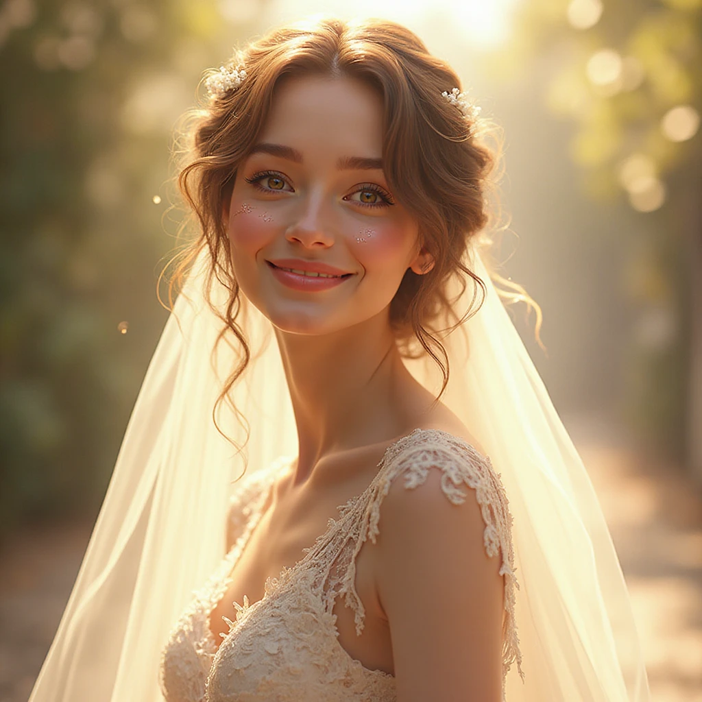 The bride in her wedding dress is smiling and shedding tears with joy ...