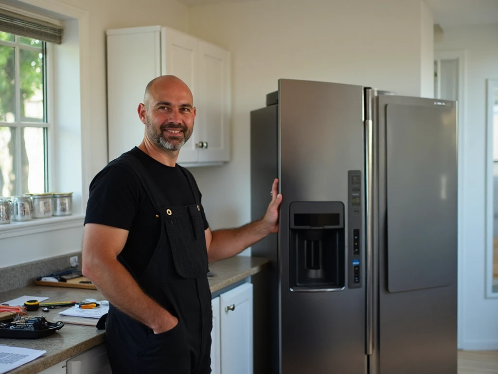A 40-year-old man with a shaved face repaired a modern refrigerator in ...