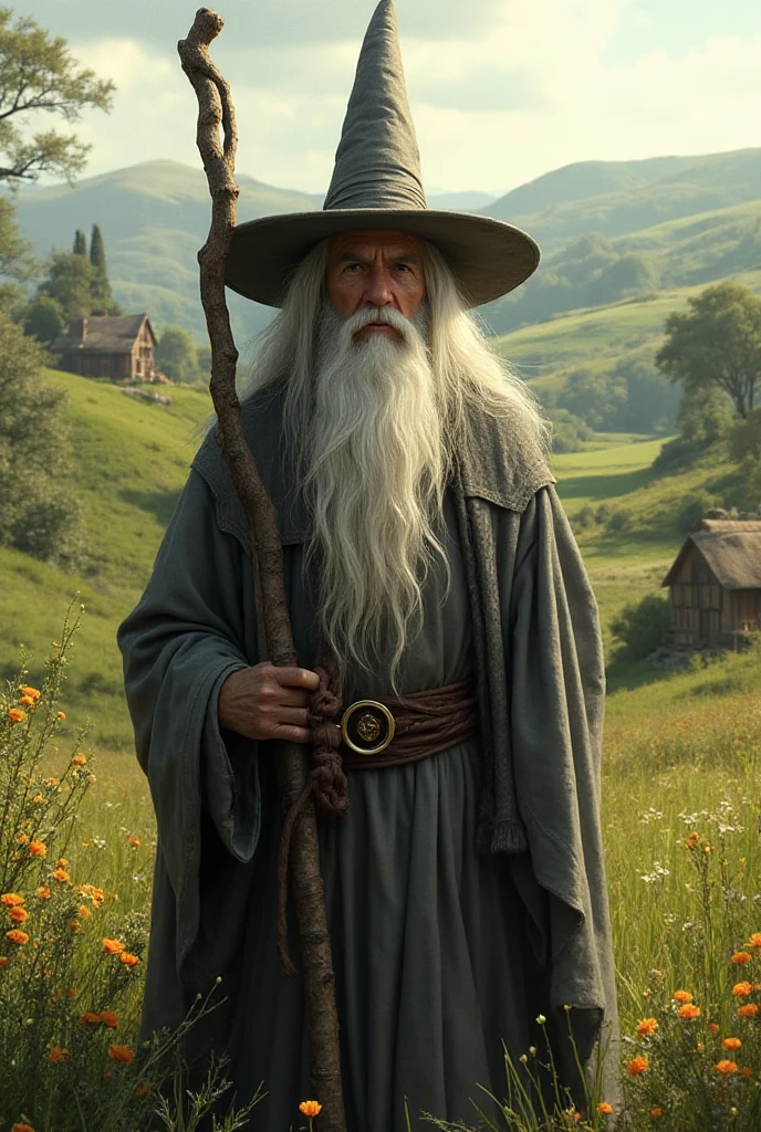 A realistic depiction of Gandalf the Grey standing peacefully in the ...